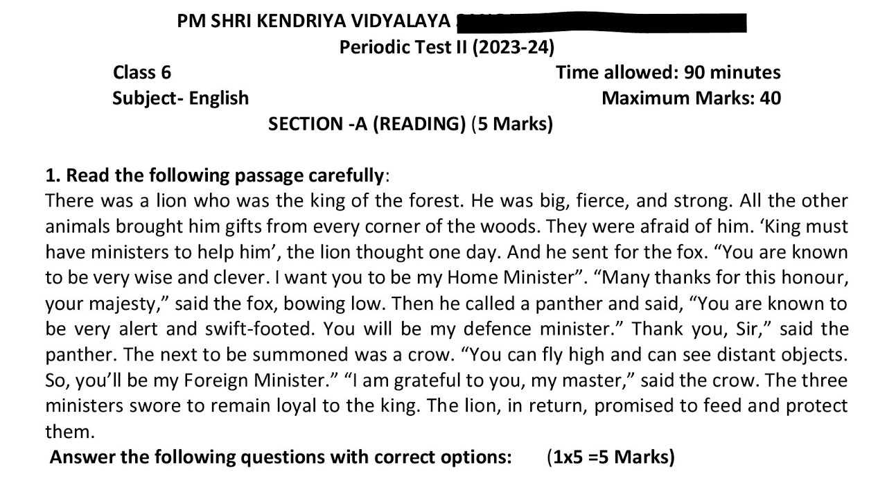 CLASS-6 ENGLISH / PT-2 Exam Qestion Paper / KV CBSE / Periodic Test-2 ...