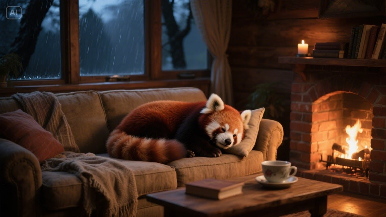 Cozy Fireplace & Red Panda | 1 Hour Relaxation - YouTube