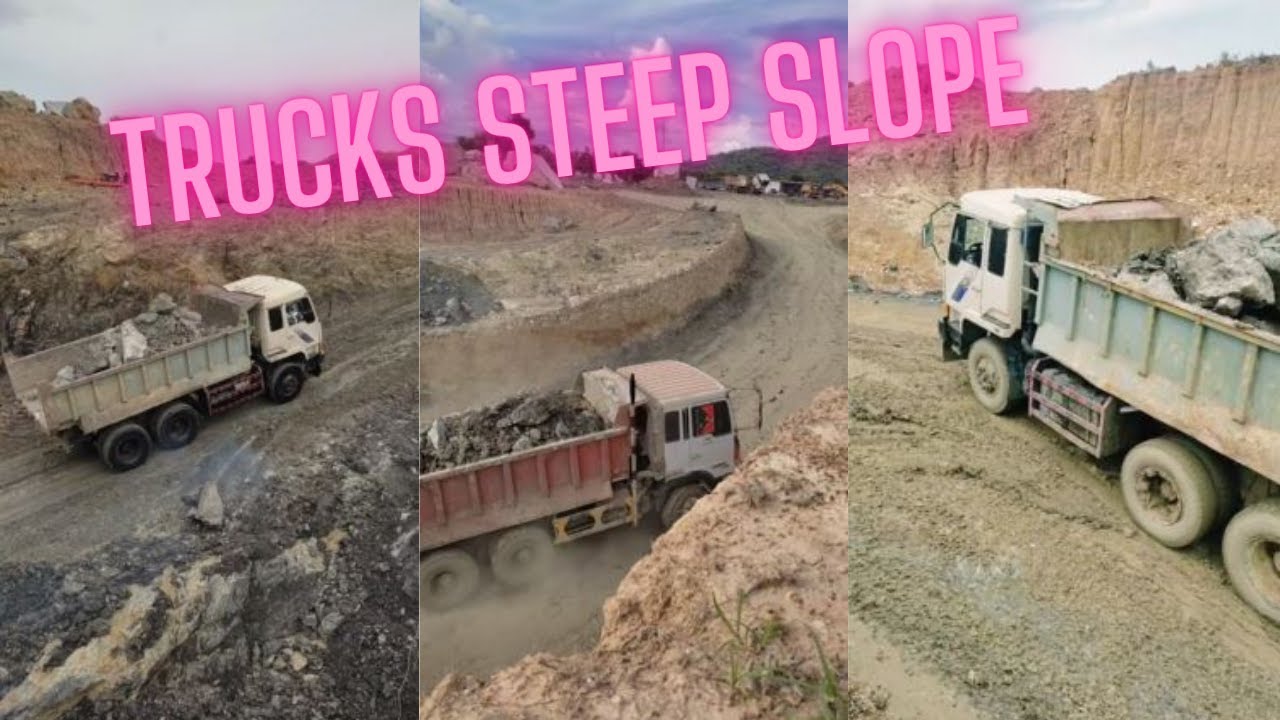 Three Clips of Dump Trucks on Steep Slope - YouTube