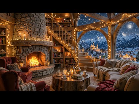 🔥🎷 Cozy Winter Jazz by the Fireplace | Warm Cabin Night with Soft Jazz & Snowy Mountain Town View ❄️
