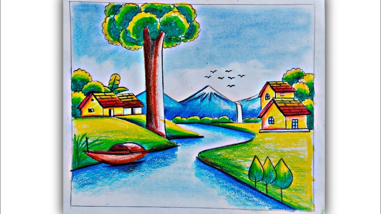How to draw village scenery easy with pencil colour// oil pastel and ...