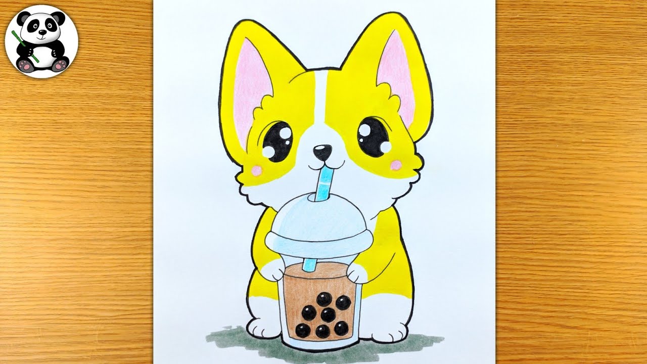 How to draw cute puppy drinking milkshake | dog drawing ...