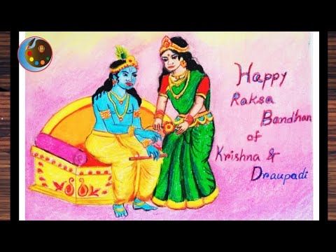 Raksa Bandhan drawing with oil pastels/How to draw Draupadi tying rakhi ...