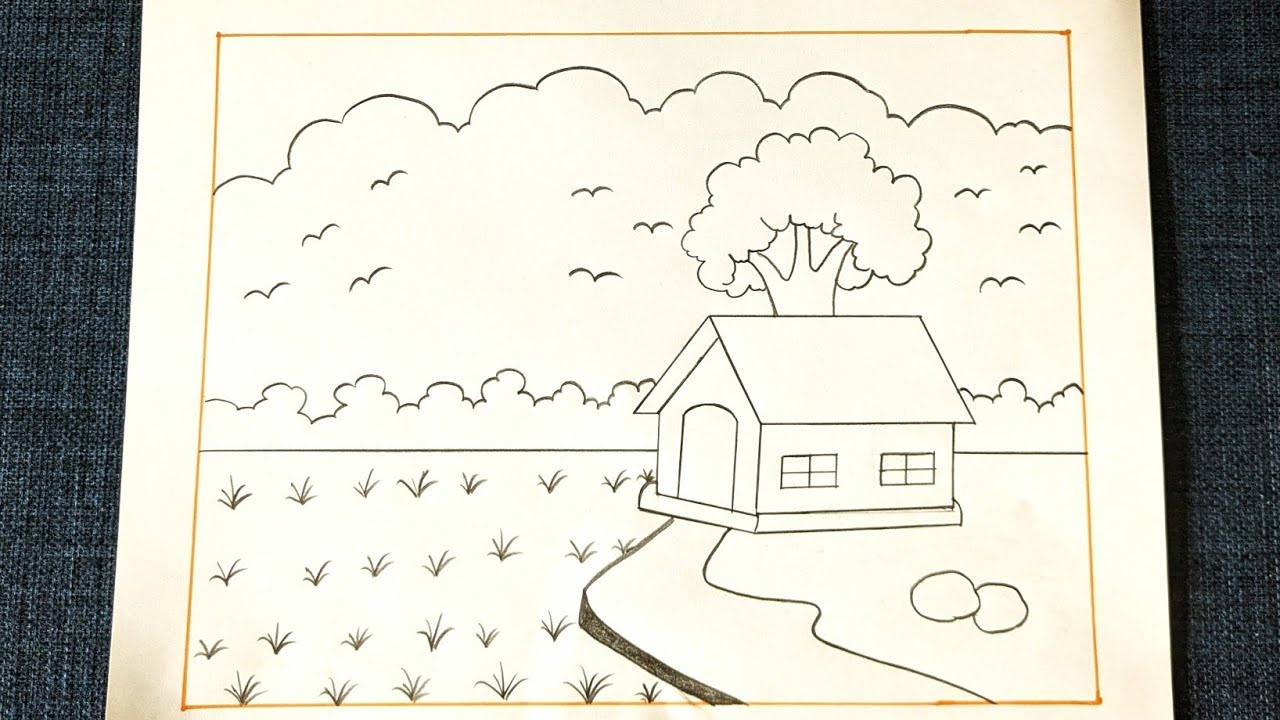 How to draw a beautiful village scenery easily || Scenery drawing with ...