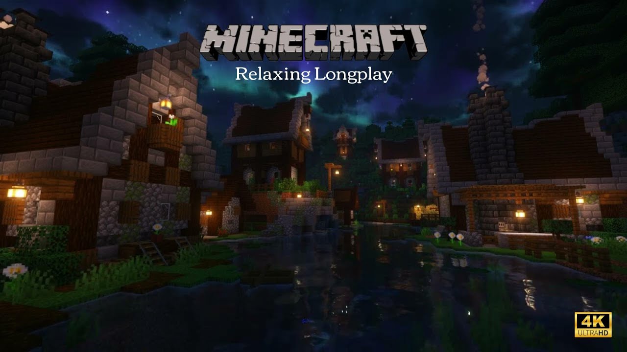 Minecraft Village Ambience & Music 4K | Northern Lights Over the River ...