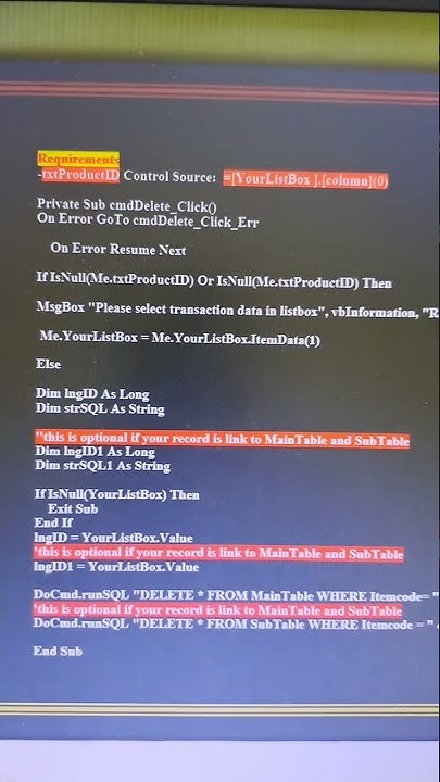 𝐌𝐒 𝐀𝐂𝐂𝐄𝐒𝐒 𝐕𝐁𝐀 𝐂𝐎𝐃𝐄: 𝐃𝐄𝐋𝐄𝐓𝐈𝐍𝐆 𝐒𝐄𝐋𝐄𝐂𝐓𝐄𝐃 𝐑𝐄𝐂𝐎𝐑𝐃 𝐈𝐍 𝐋𝐈𝐒𝐓𝐁𝐎𝐗 𝐖𝐈𝐓𝐇 𝐌𝐀𝐈𝐍 𝐀𝐍𝐃 𝐒𝐔𝐁 𝐓𝐀𝐁𝐋𝐄 𝐃𝐀𝐓𝐀 - YouTube