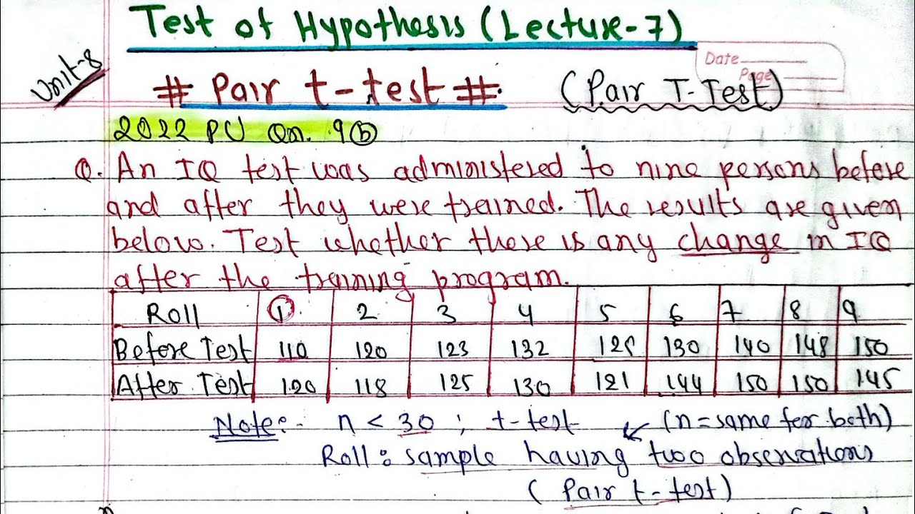Unit-8:Test of Hypothesis|Lecture-7|Pair T-Test|Probability ...
