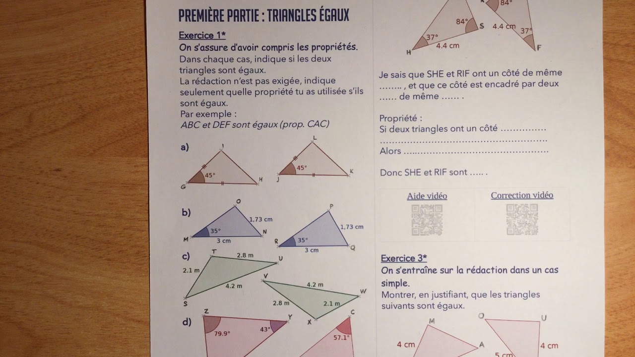 Aide - 5e - Triangles égaux, triangles semblables - Ex 1 - Cours de ...