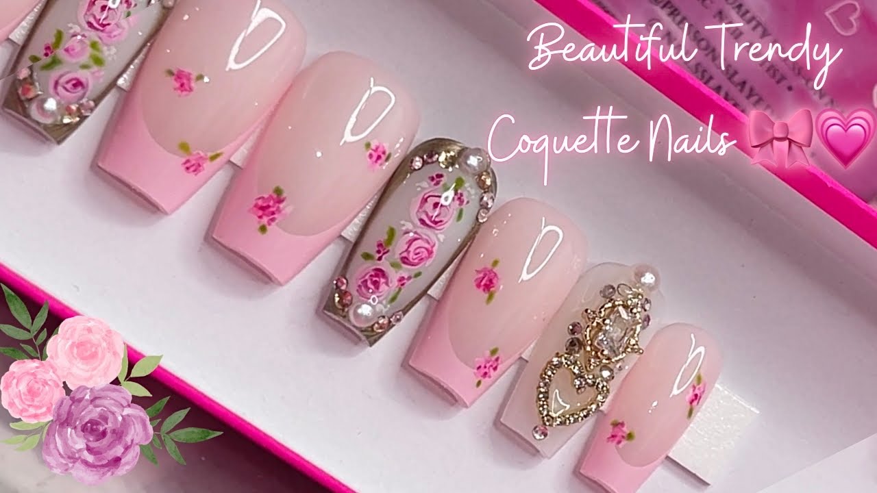 HOW TO DO TRENDY COQUETTE NAILS 🎀💗💅🏼🌸 EASY NAIL ART ! DIY PRESS ON ...