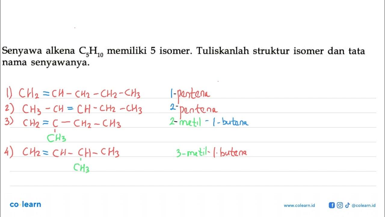 Senyawa alkena C5H10 memiliki 5 isomer. Tuliskanlah struktur isomer dan tata nama senyawanya ...