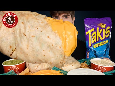 ASMR MUKBANG CHIPOTLE GIANT BURRITOS CHIPS + TAKIS | WITH CHEESE & GUAC