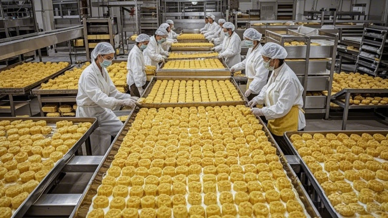 Happy Mooncake Factory Workers Make Delicious Five-Nut Mooncakes ...