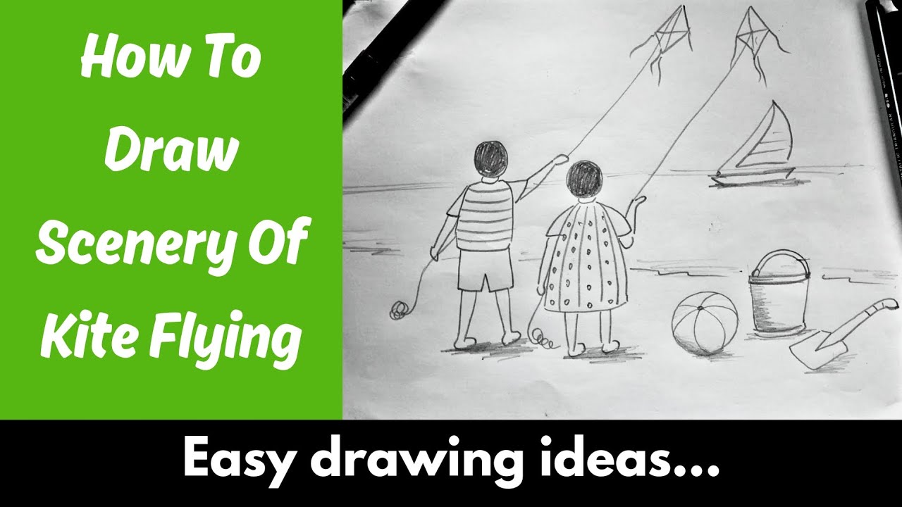 How To Draw Scenery Of Kite Flying | Kite Festival Drawing Step By Step ...