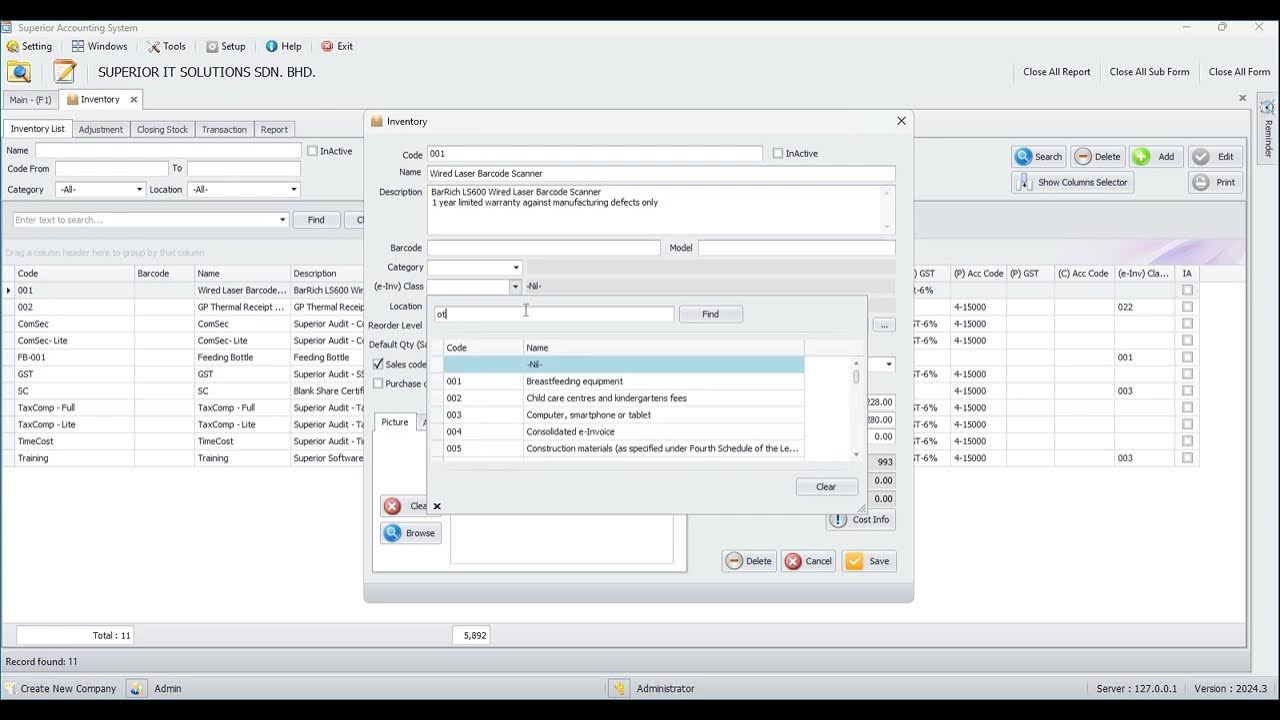 Superior SST - e-Invoice Classification Code for Inventory Item - YouTube
