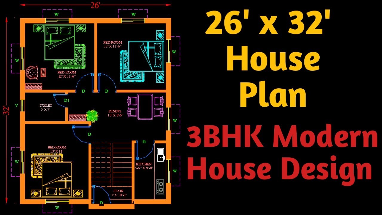 26 x 32 House Plan I 3BHK Modern House Plan I 26x32 Ghar ka Naksha I ...