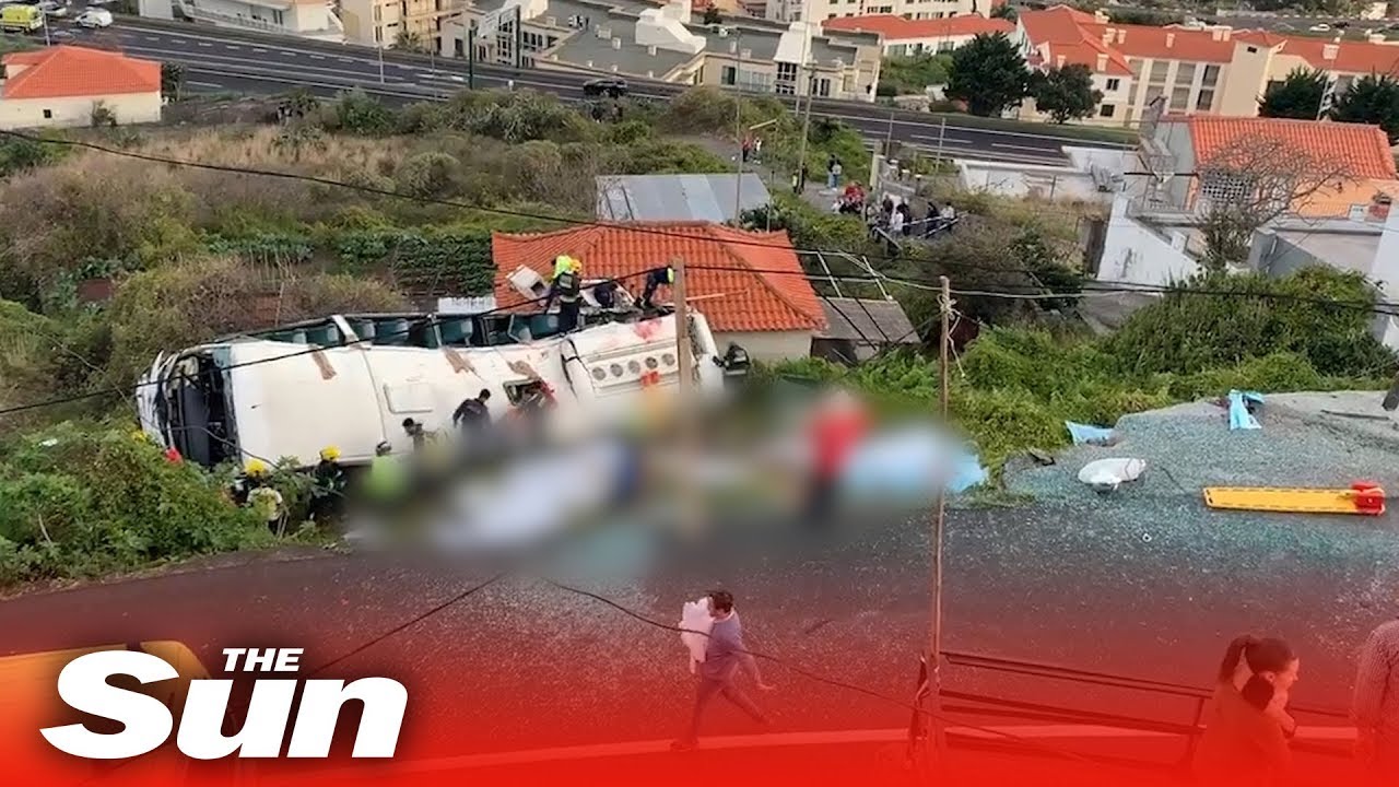 Madeira bus crash: CCTV shows bus toppling off road - YouTube