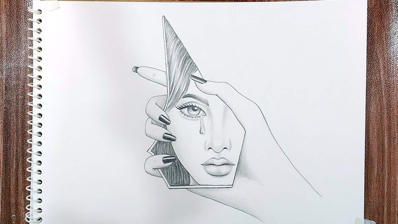 How to draw A sad Girl face Reflected on a Broken Mirror | Sad Girl's ...