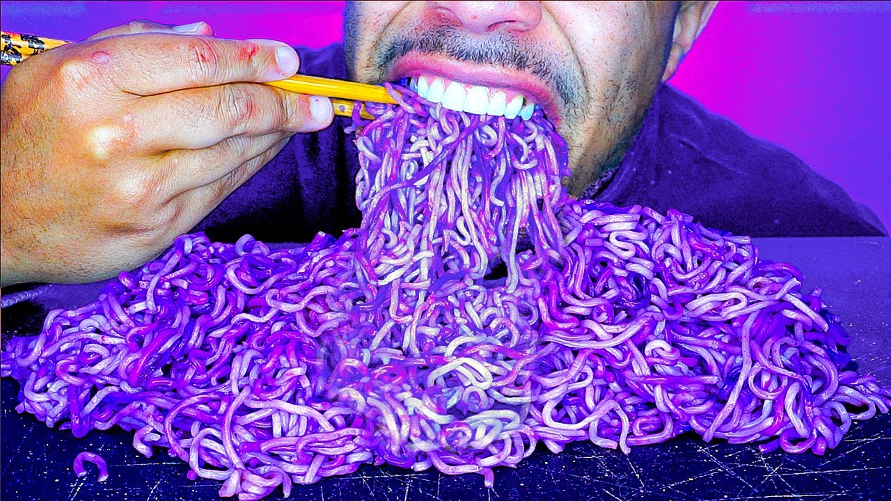 ASMR PURPLE NOODLES CHALLENGE | NO TALKING EATING BIG BITES SLURPING ...