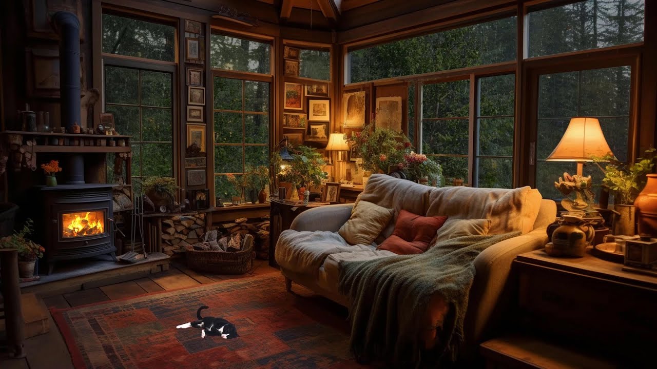 Cozy Rainy Night Cabin Ambience with Soothing Fireplace Sounds for ...