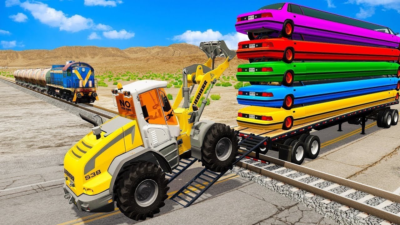 Double Flatbed Trailer Truck vs Bus vs Train Rail - BeamNG.Sky - YouTube