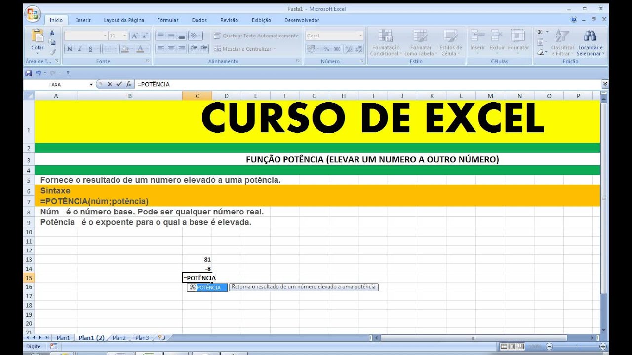 Curso de Excel Função POTÊNCIA Excel funcion potencia elevar un número ...