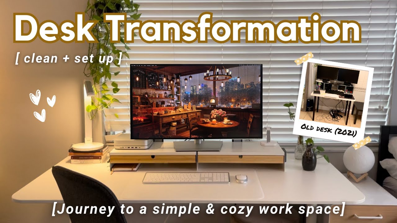 Desk Transformation 🖥️🌱 minimal, functional, cozy! clean, unbox, & set ...