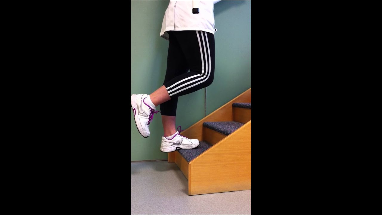 Single leg heel drop - knee straight exercise - YouTube