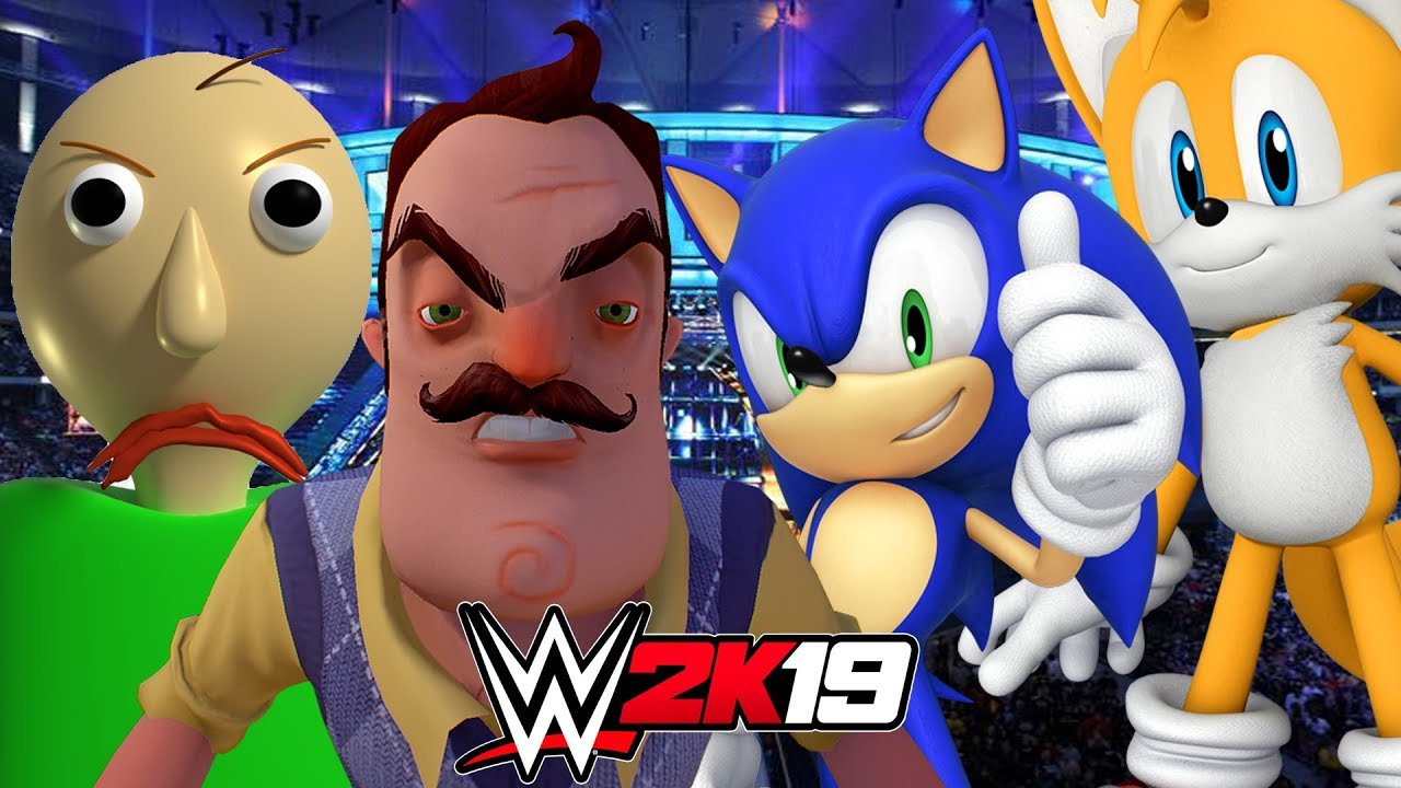BALDI and HELLO NEIGHBOR vs SONIC and TAILS | WWE 2K19 Wrestlemania Tag ...