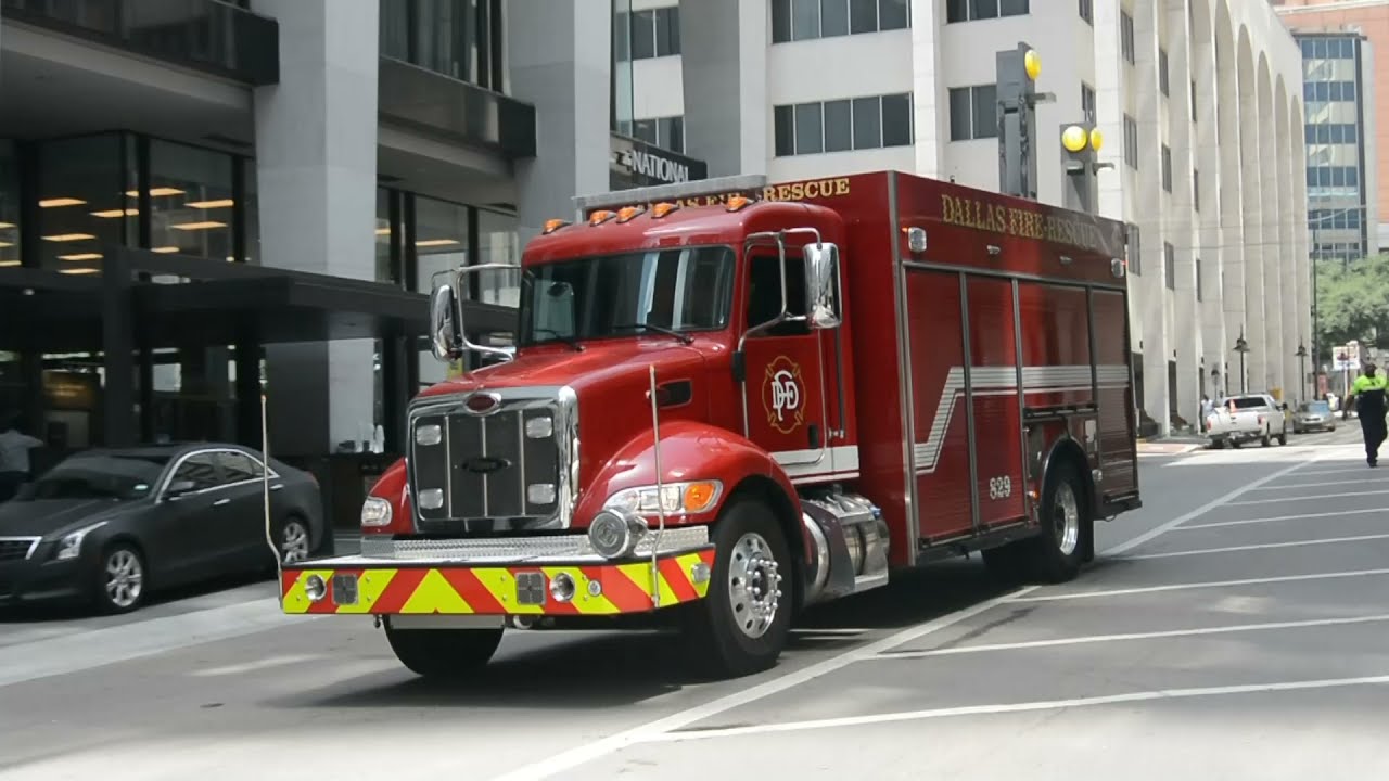 (Dallas Fire-Rescue) Apparatus clearing off of 2 Alarm High Rise Fire ...
