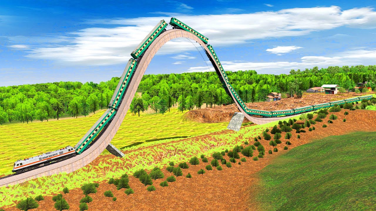 3 Trains Crossing On Hight Curve Railroad Track | Big Bumpy Forked ...