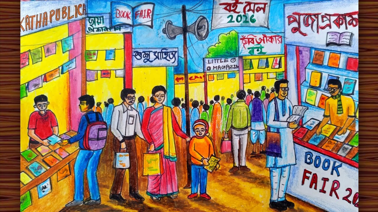 Book fair drawing/ Book fair scenery drawing/ How to draw book fair ...