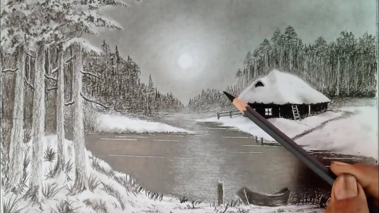 Pencil drawing landscape scenery easy // winter landscape sketch by ...