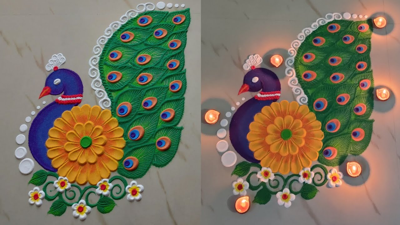 Peacock rangoli designs for diwali l peacock rangoli designs l दिवाळी ...