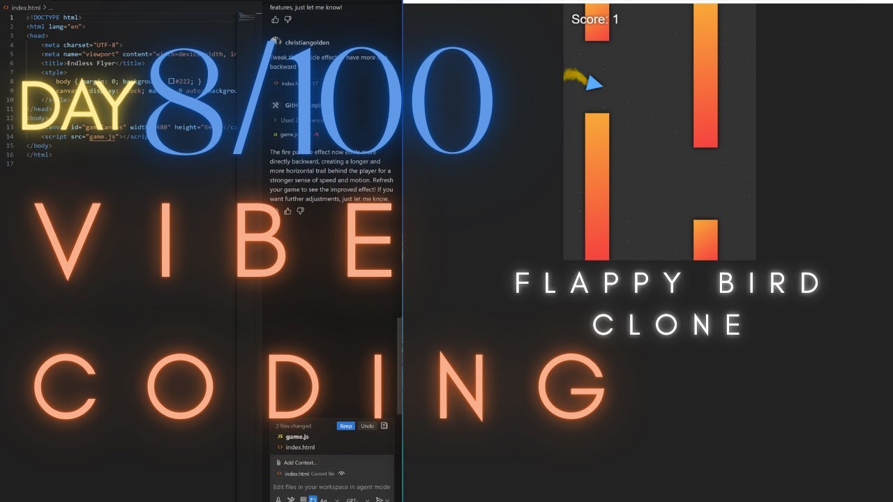 AI Codes JavaScript Flappy Bird Clone! (100 Days of Vibe Coding - Day 8) Copilot GPT 4.1 Agent ...