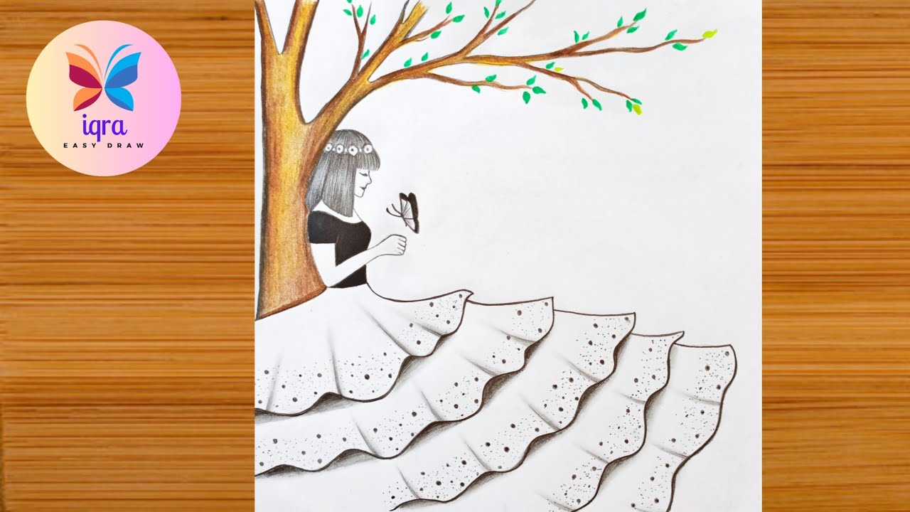 A Girl Sitting Under The Tree Easy || How to Draw A Girl with Beautiful ...
