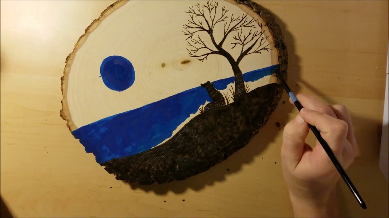 Timelapse Wood Burning Pyrography Watercolor Night Sky With Fox - YouTube