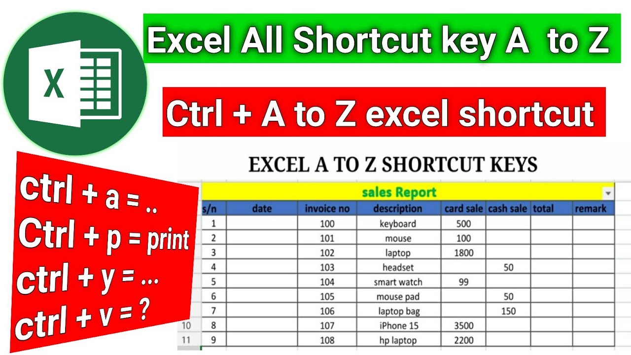 Excel All Shortcut Keys Excel Ctrl A To Z Shortcut Key Youtube