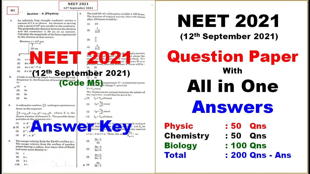 NEET question paper-2021 with answer || All in One Biology Physics ...