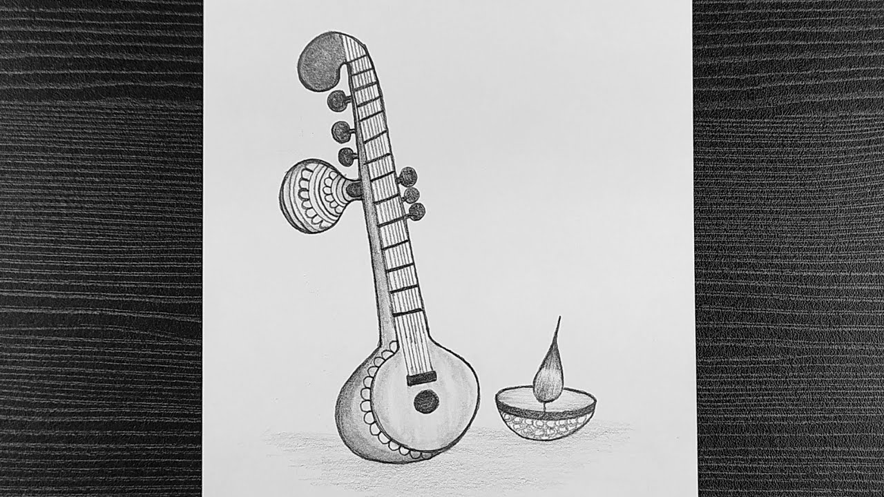 Veena Drawing Easy || Vasant Panchami Pencil Drawing || Basant Panchami ...