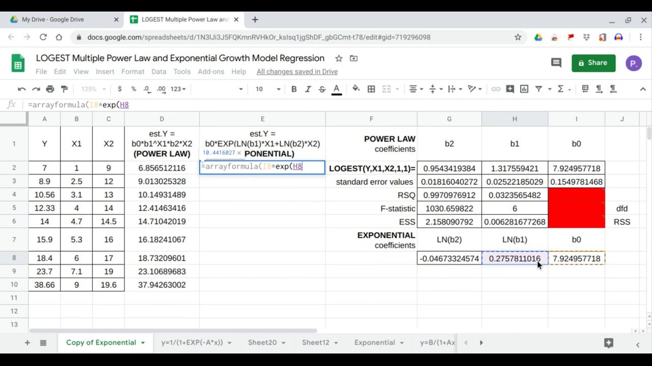 Multiple Power Law and Exponential Growth Model Regression are the same using LOGEST - YouTube