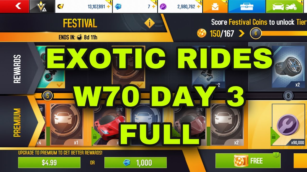 Asphalt 8, Exotic Rides W70, Day 3 Full Festival Check Out - YouTube