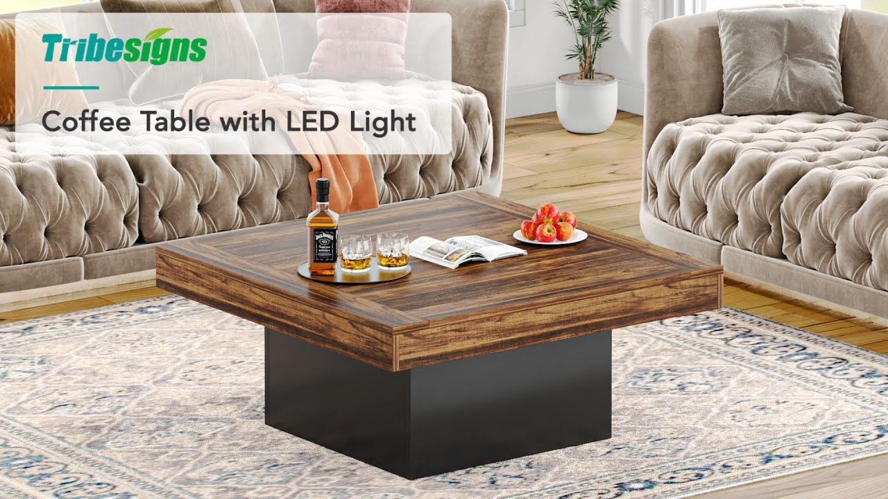 Tribesigns Coffee Table, Square Farmhouse Cocktail Table with LED Light ...