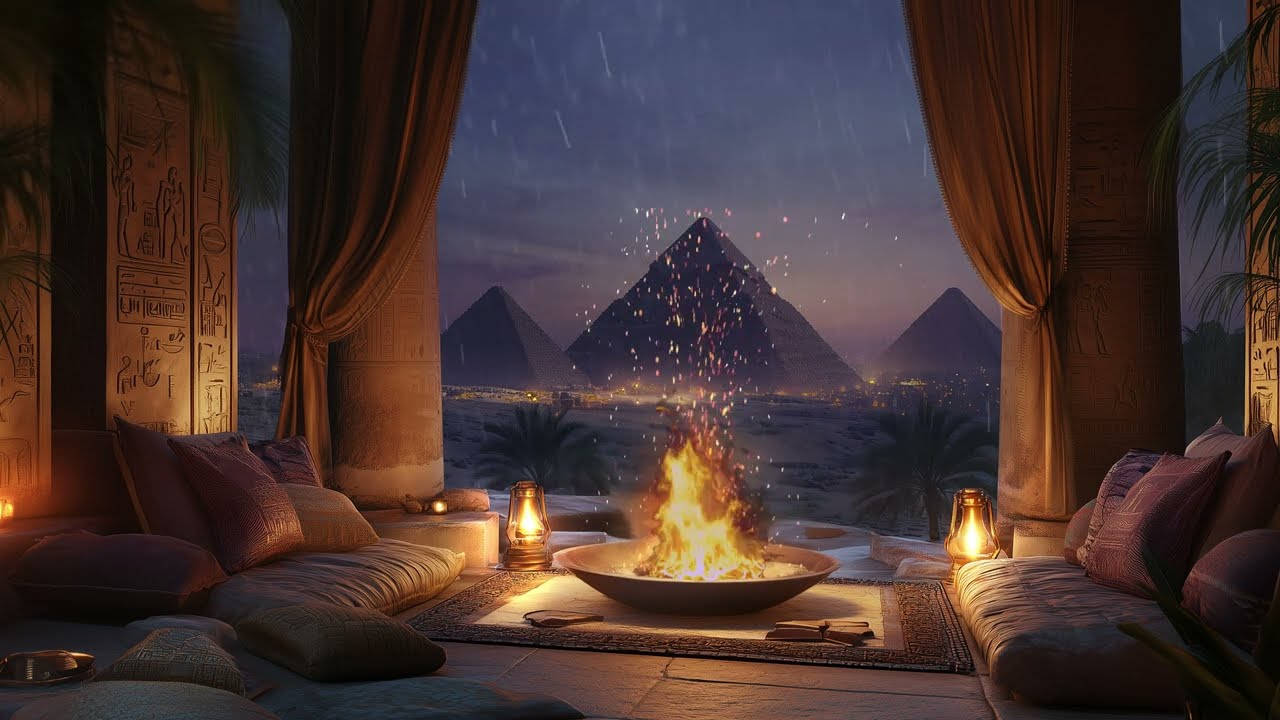 Ancient Egypt Fireplace/Hearth (Pyramids) - Crackling Fire & Rain ...