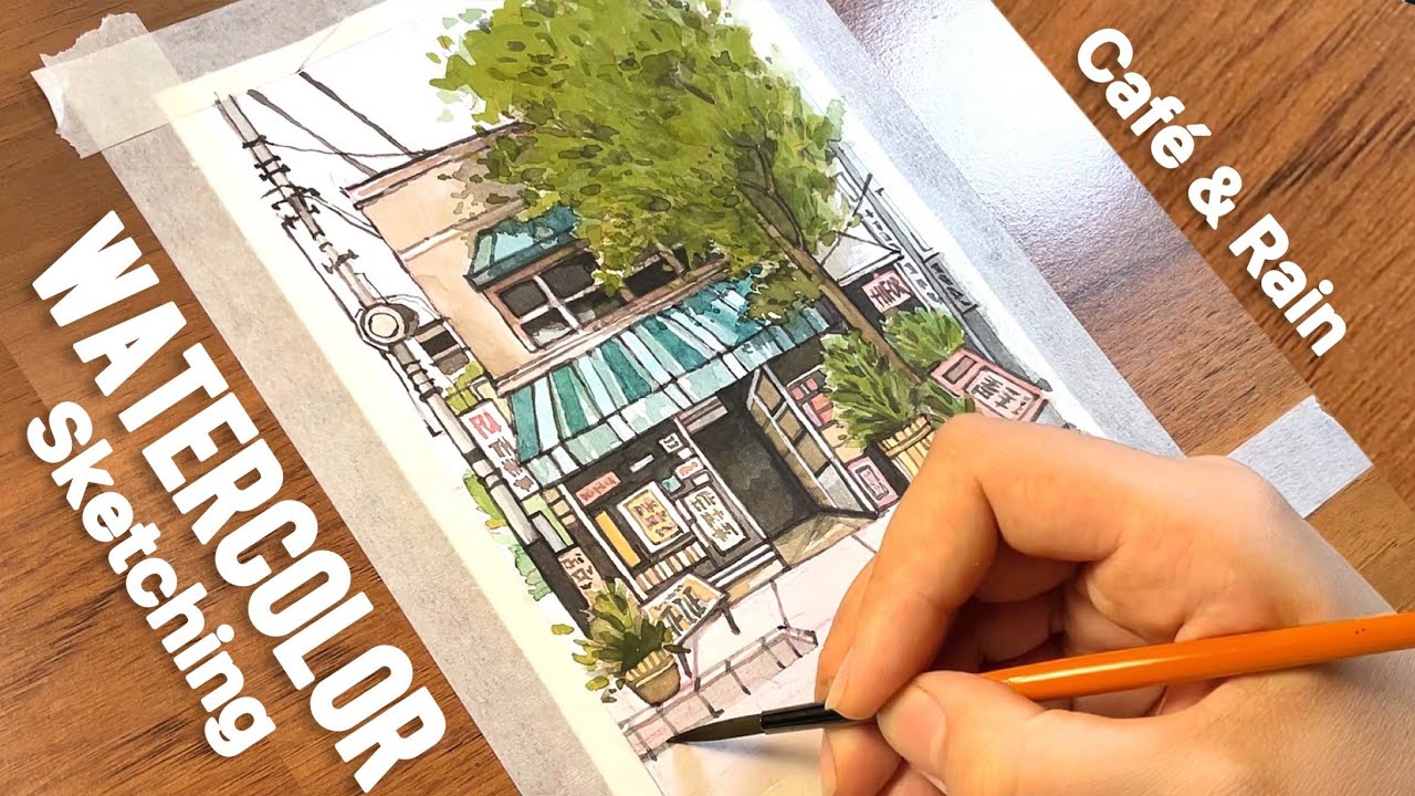 Cafe WATERCOLOR Painting Art |Watercolor Urban Sketching Tutorial, watercolor tutorial for ...