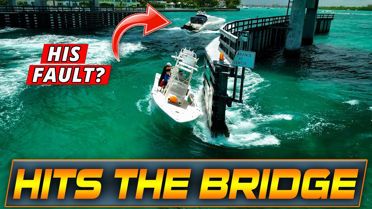 BOAT LOSES POWER AT HAULOVER AND GETS WAKED INTO THE BRIDGE BY A YACHT ...