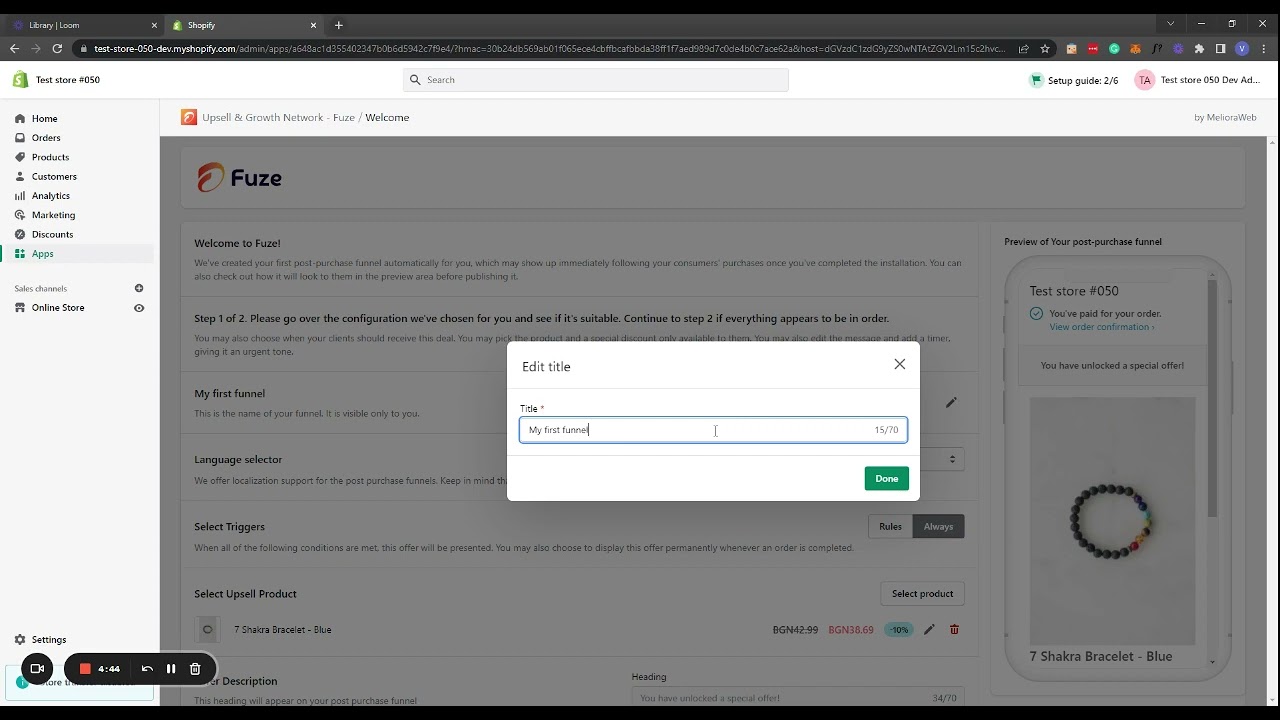 Fuze Post Purchase Upsell Shopify App Onboarding Step 1 My first funnel ...
