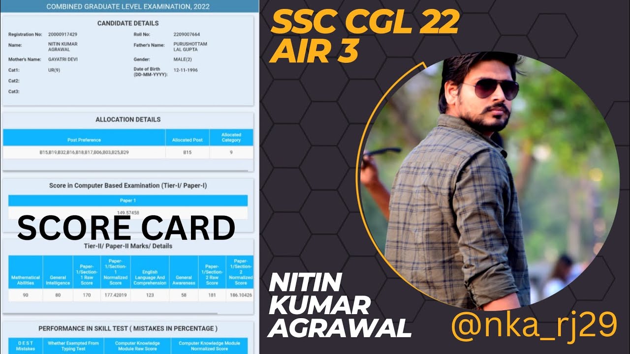 ssc cgl 2022 scorecard|| AIR 3 NITIN|| social media handles|| #ssc # ...