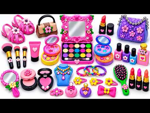 DIY How To Make Polymer Clay Miniature Makeup Set with Doll and Pink Dress,Eyeshadow, Shoes,Bag
