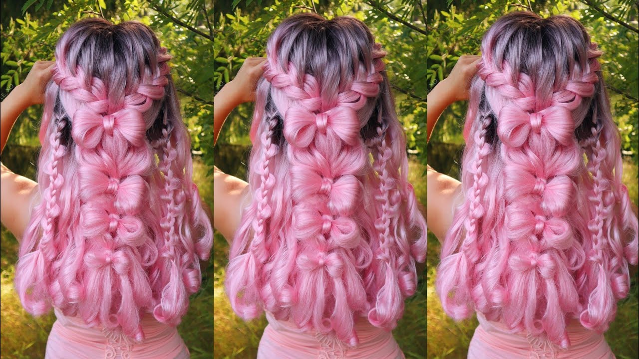 Bow Pull-Through Braid and French Braid Tie-Back on Pink Hair 💗 - YouTube