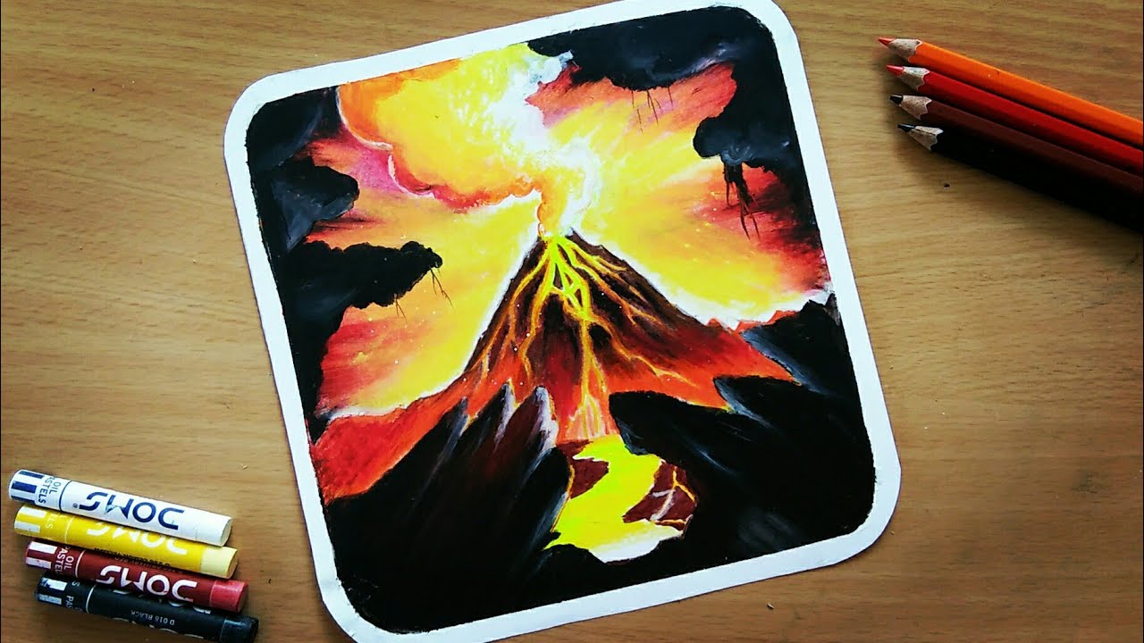 Volcano drawing / Oil Pastel for Beginners Step by Step - YouTube